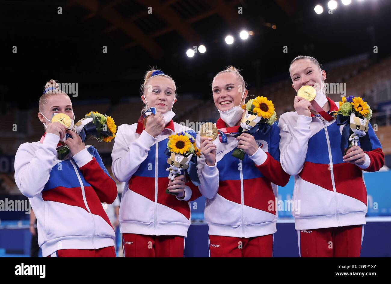 Tokyo, Japan. 27th July, 2021. Gymnasts of ROC pose during the awarding ...