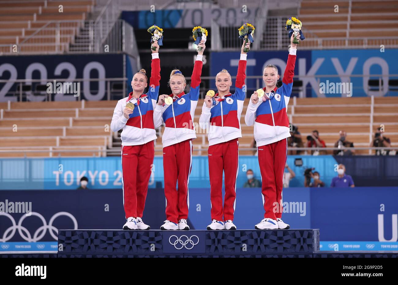 Tokyo, Japan. 27th July, 2021. Gymnasts of ROC pose during the awarding ...