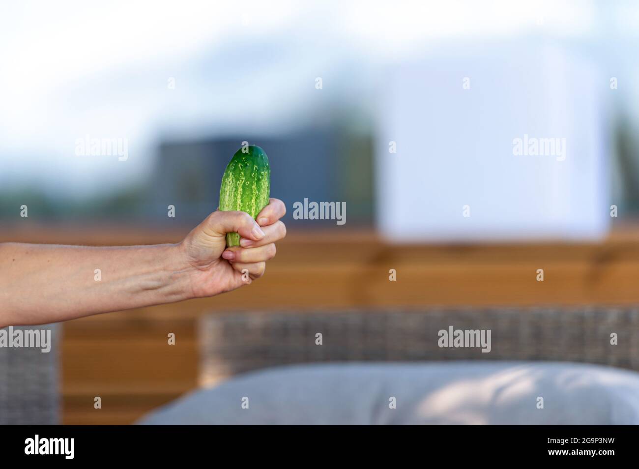 womans hand with a cucumber on a defocused background, closeup Stock ...