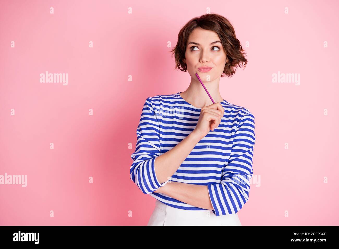 Photo of young beautiful dreamy thoughtful minded girl look copyspace ...