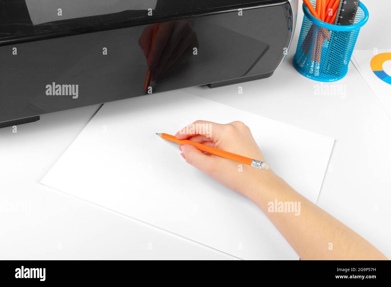 Woman using the printer to scanning and printing document Stock Photo ...