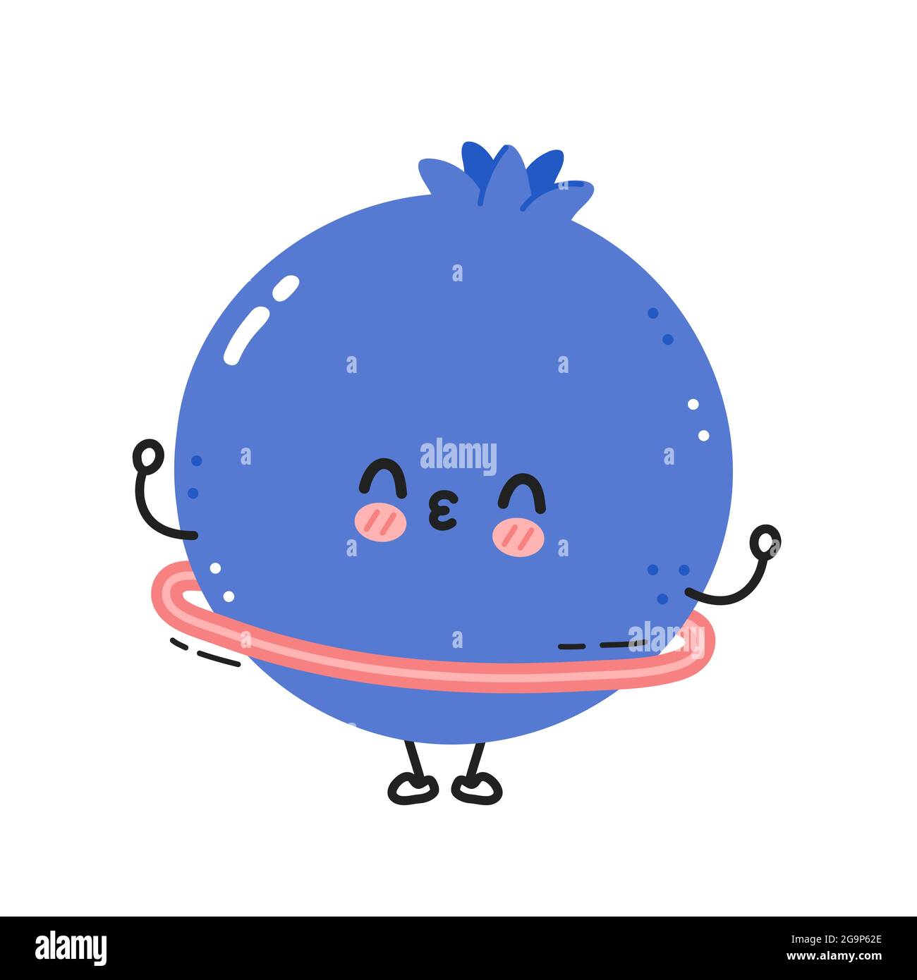 Cute funny blueberry berry make gym with hula hoop. Vector flat line ...