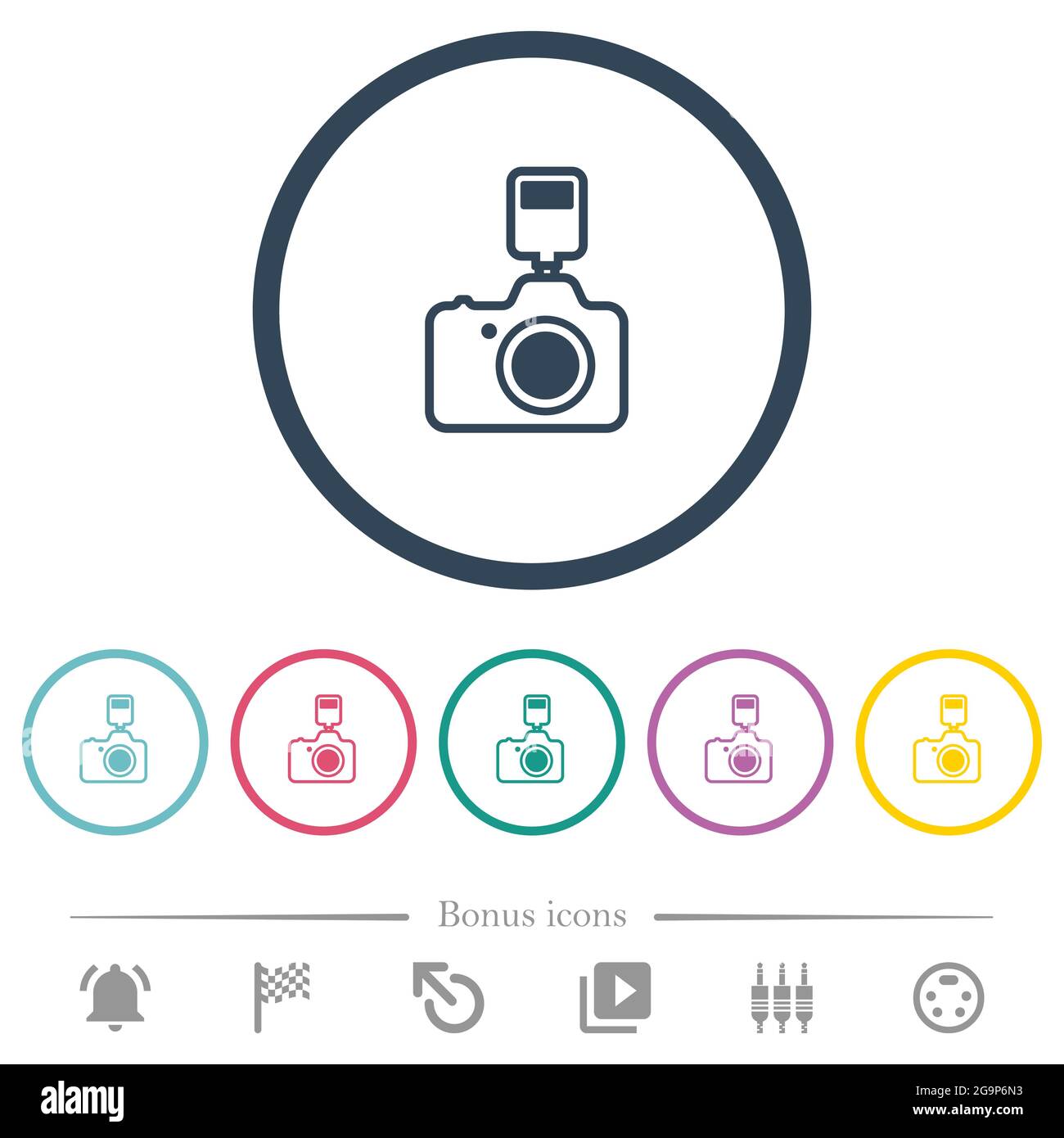 Camera with flash outline flat color icons in round outlines. 6 bonus ...