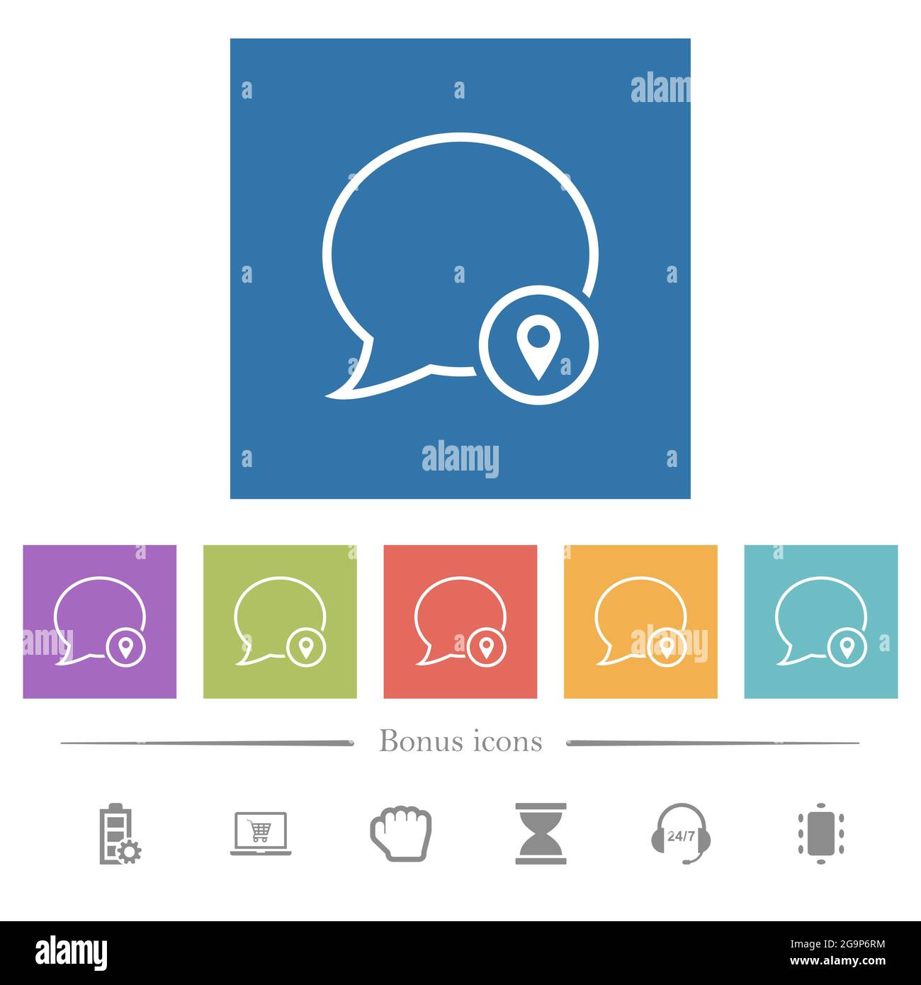 Message location outline flat white icons in square backgrounds. 6 ...