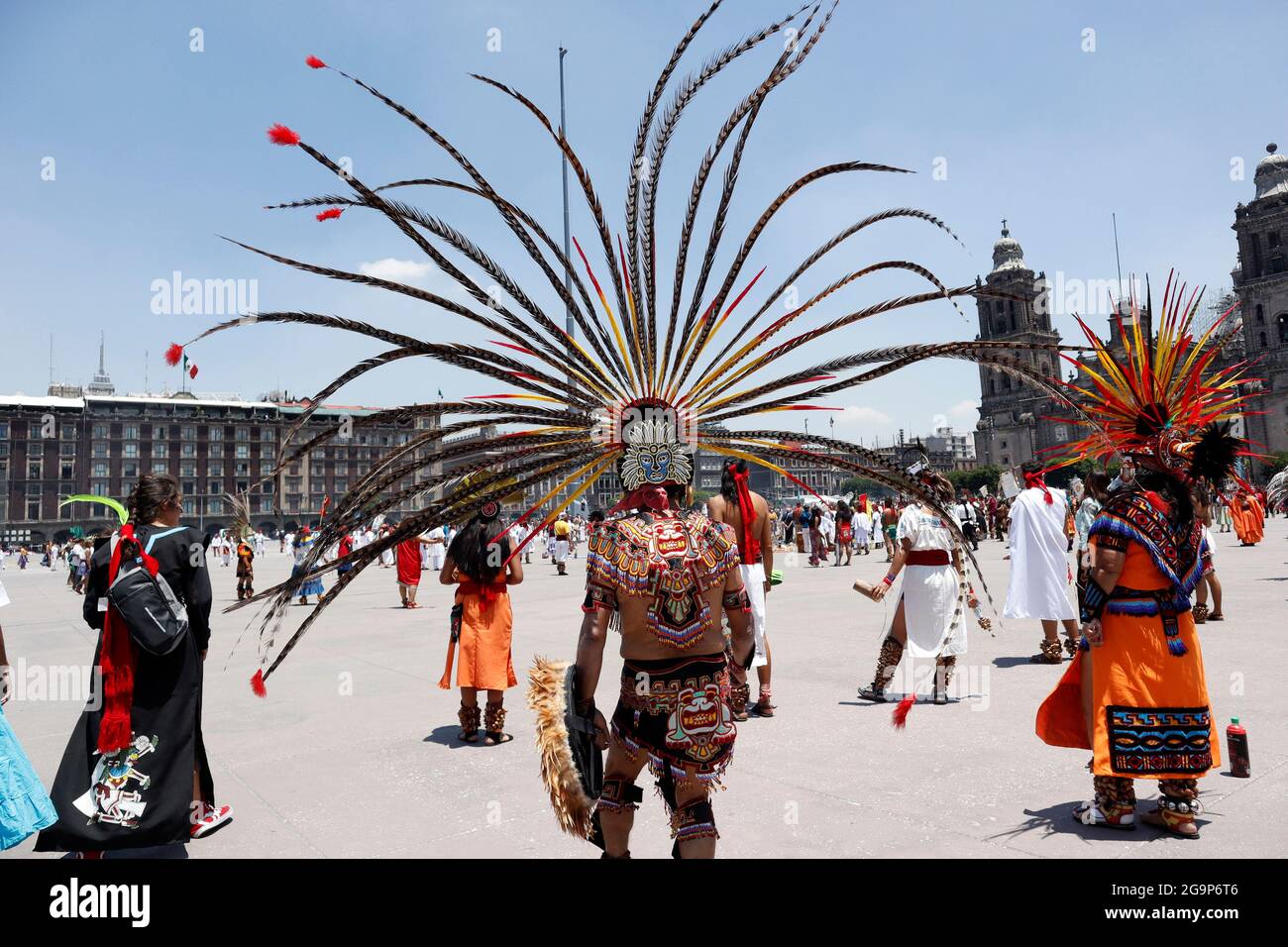Mexico City, Mexico, July 26, 2021: Pre-Hispanic dancers, musicians and ...