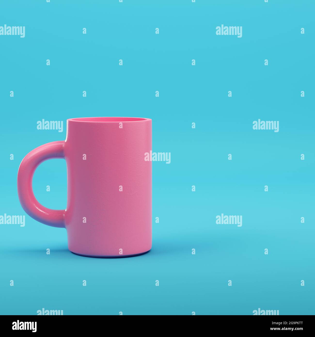 Pink coffee mug on bright blue background in pastel colors. Minimalism ...