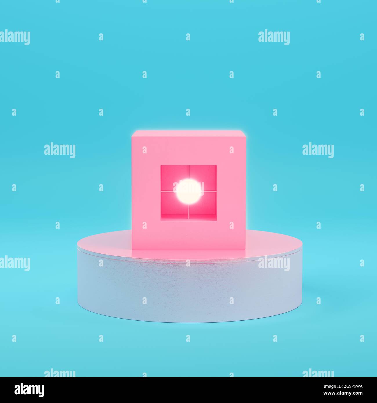 Pink abstract geometry objects with lighting sphere on bright blue ...