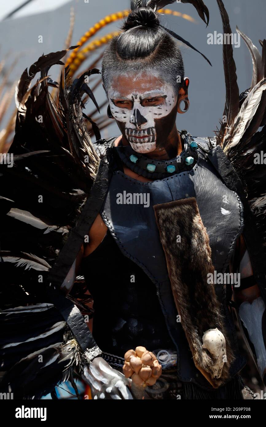 Mexico City, Mexico, July 26, 2021: Pre-Hispanic dancers, musicians and ...