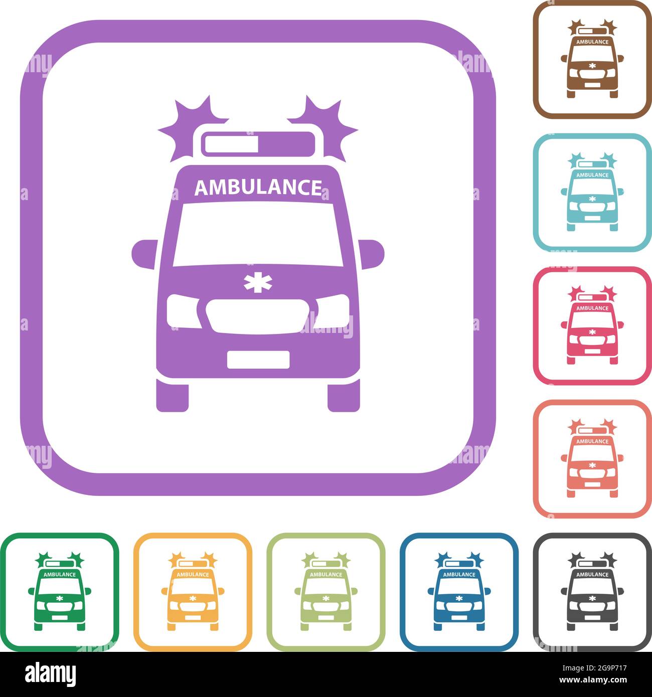 Flashing ambulance car front view simple icons in color rounded square ...