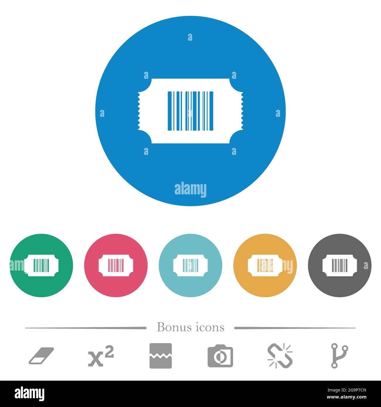 Ticket with barcode flat white icons on round color backgrounds. 6 ...