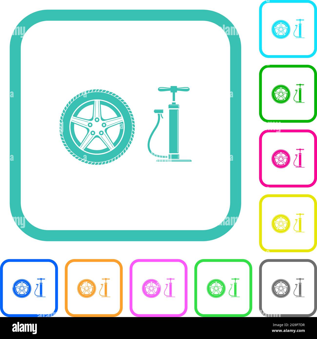 Car wheel and pump vivid colored flat icons in curved borders on white ...