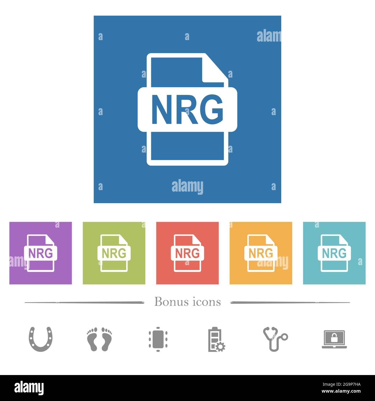 NRG file format flat white icons in square backgrounds. 6 bonus icons ...