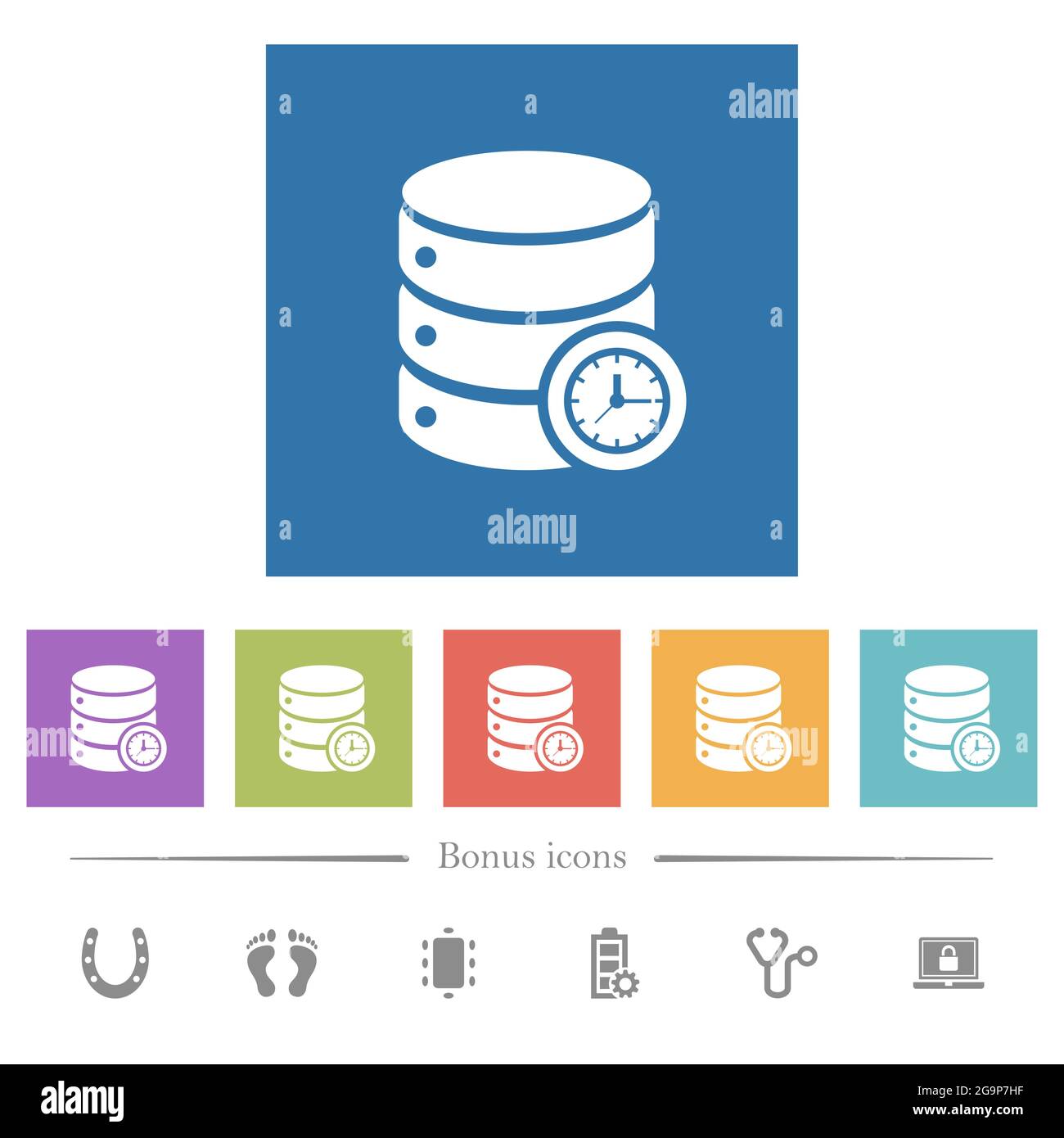 Database query time flat white icons in square backgrounds. 6 bonus ...