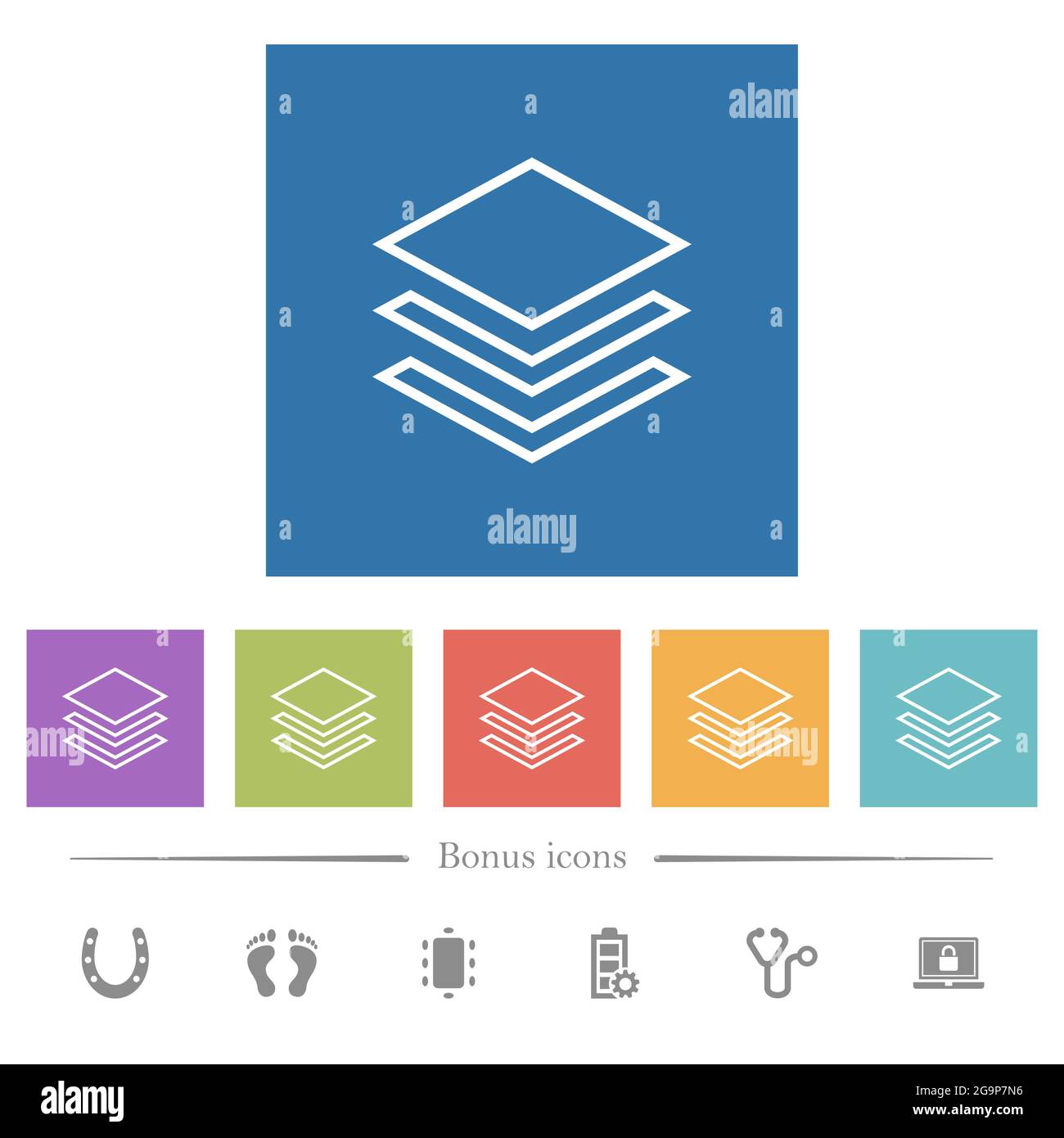 Layers flat white icons in square backgrounds. 6 bonus icons included ...