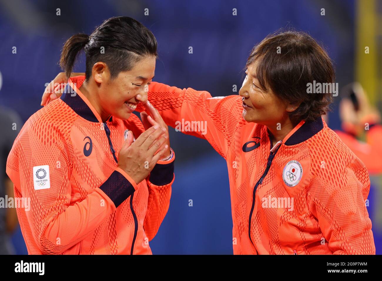 Kanagawa, Japan. 27th July, 2021. (L-R) Yukiko Ueno, Reika Utsugi head coach (JPN) Softball ...