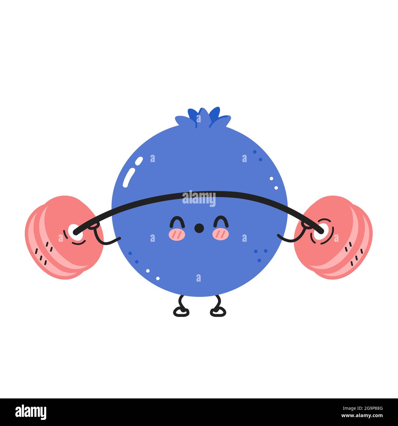 Cute funny blueberry berry make gym with barbell. Vector flat line ...