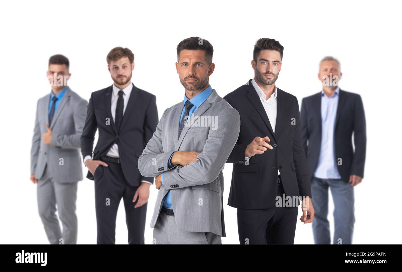 Only males business team formed of young businessmen isolated over a ...