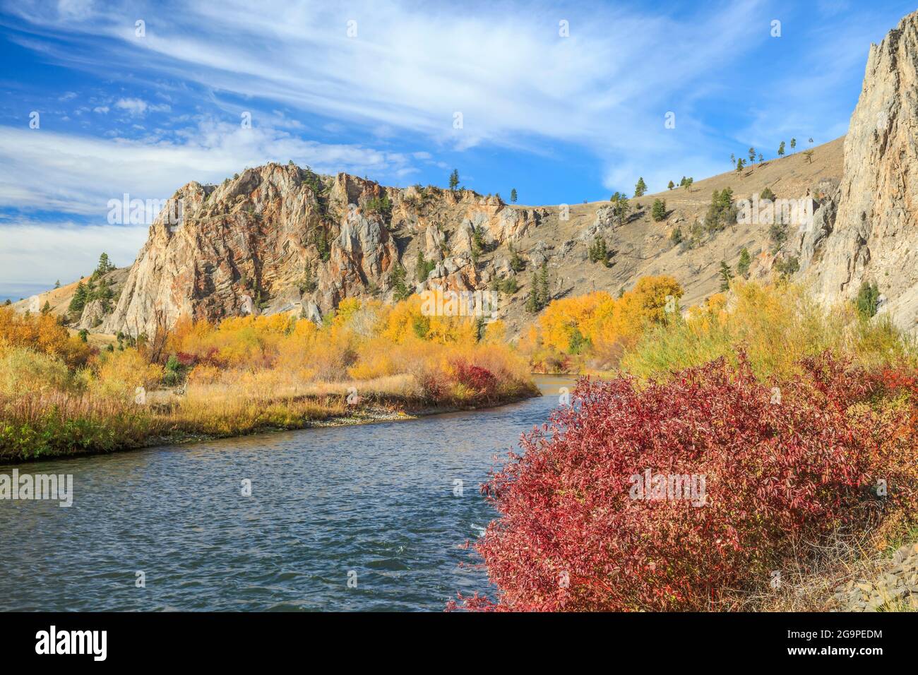 fall colors and cliffs along the clark fork river near bearmouth ...