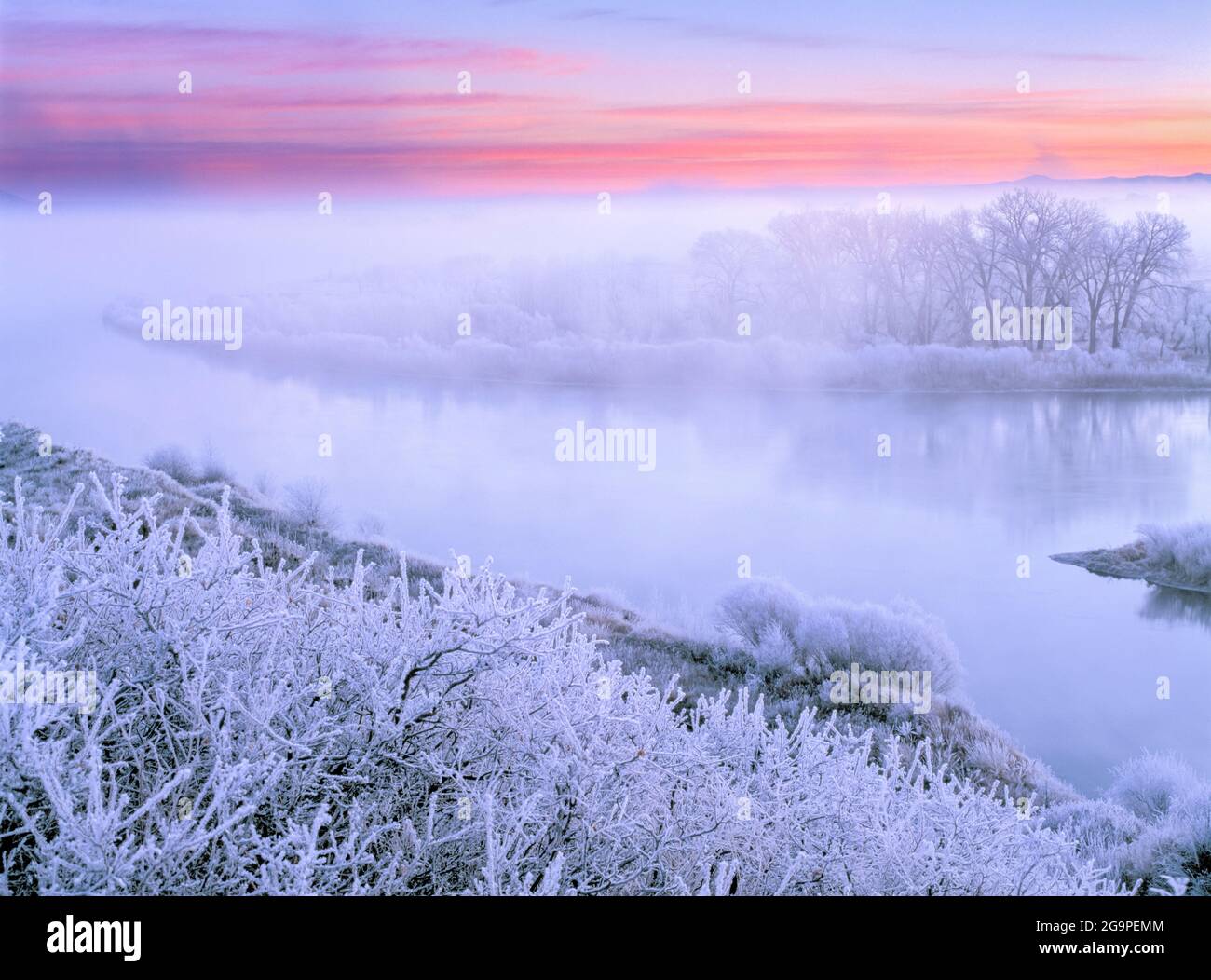 frosty mist rising at sunrise from the missouri river near cascade ...