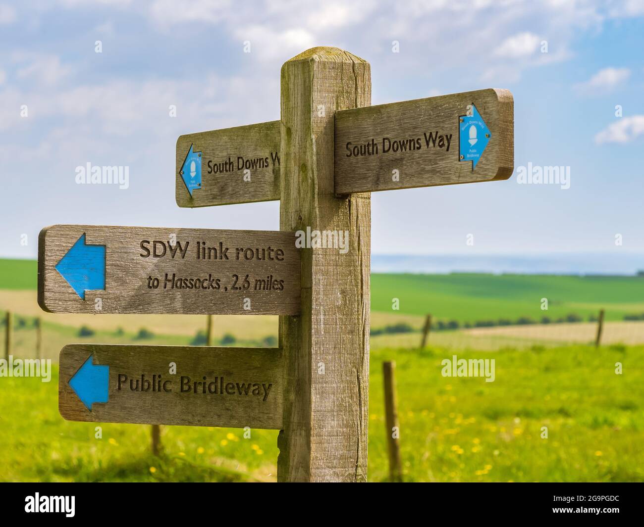 A signpost on the South Downs Way near Clayton Windmills in Sussex, UK ...