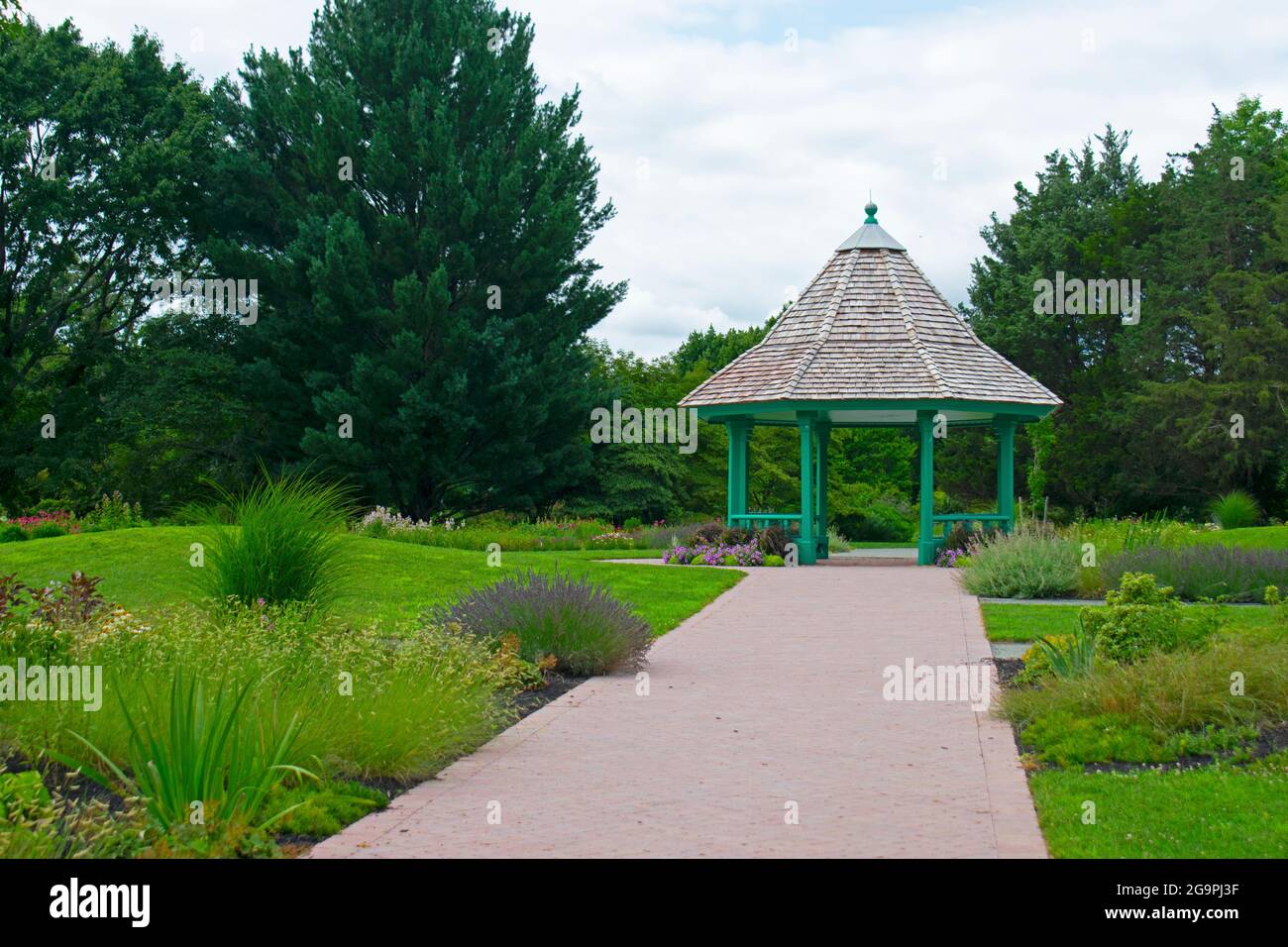 Cute gazebo at Colonial Park Gardens in New Jersey, on a partly cloudy ...
