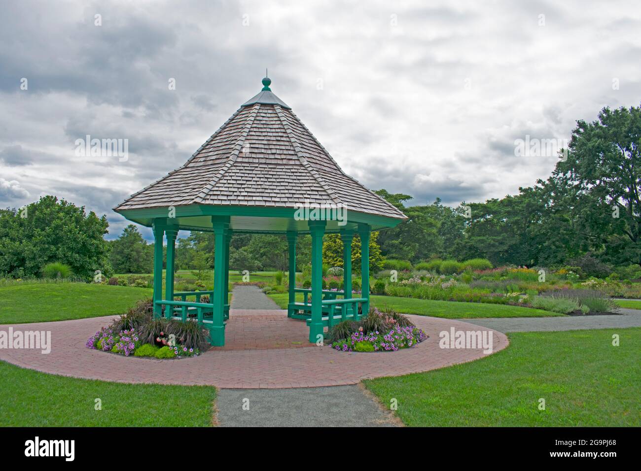 Cute gazebo at Colonial Park Gardens in New Jersey, on a partly cloudy ...