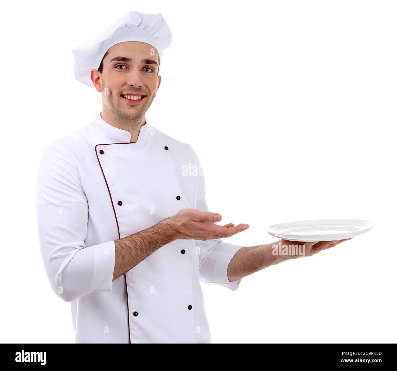 Chef with empty plate in hand isolated on white Stock Photo - Alamy