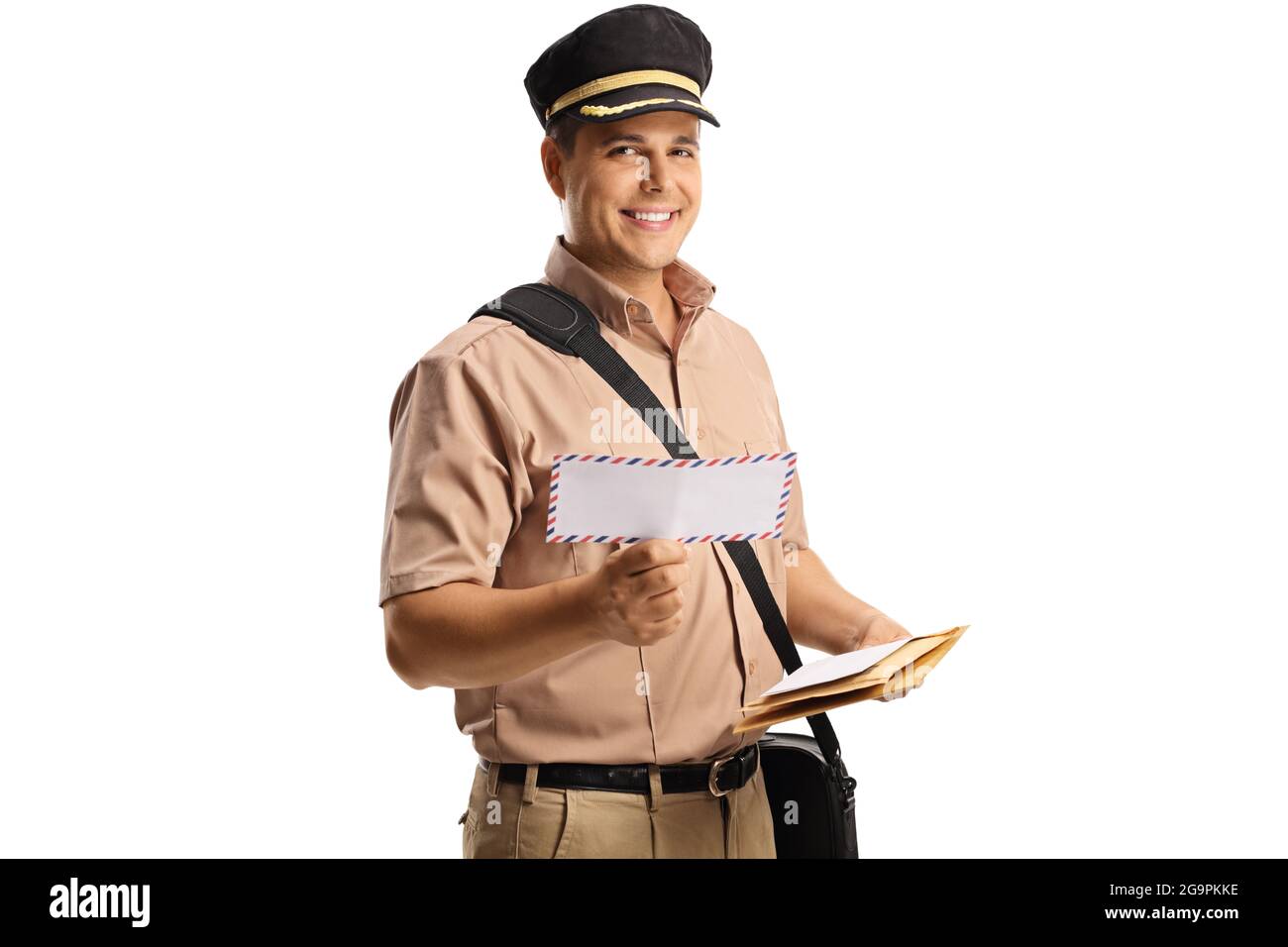 Mailman in a uniform with a bag and a letter smiling at camera isolated ...