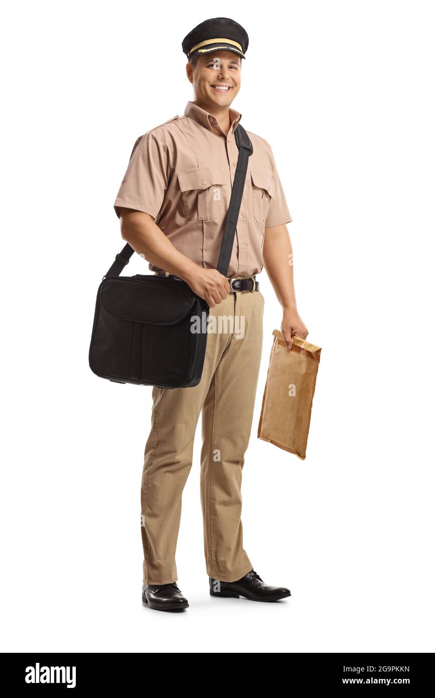 Full length portrait of a smiling mailman in a uniform carrying a bag ...