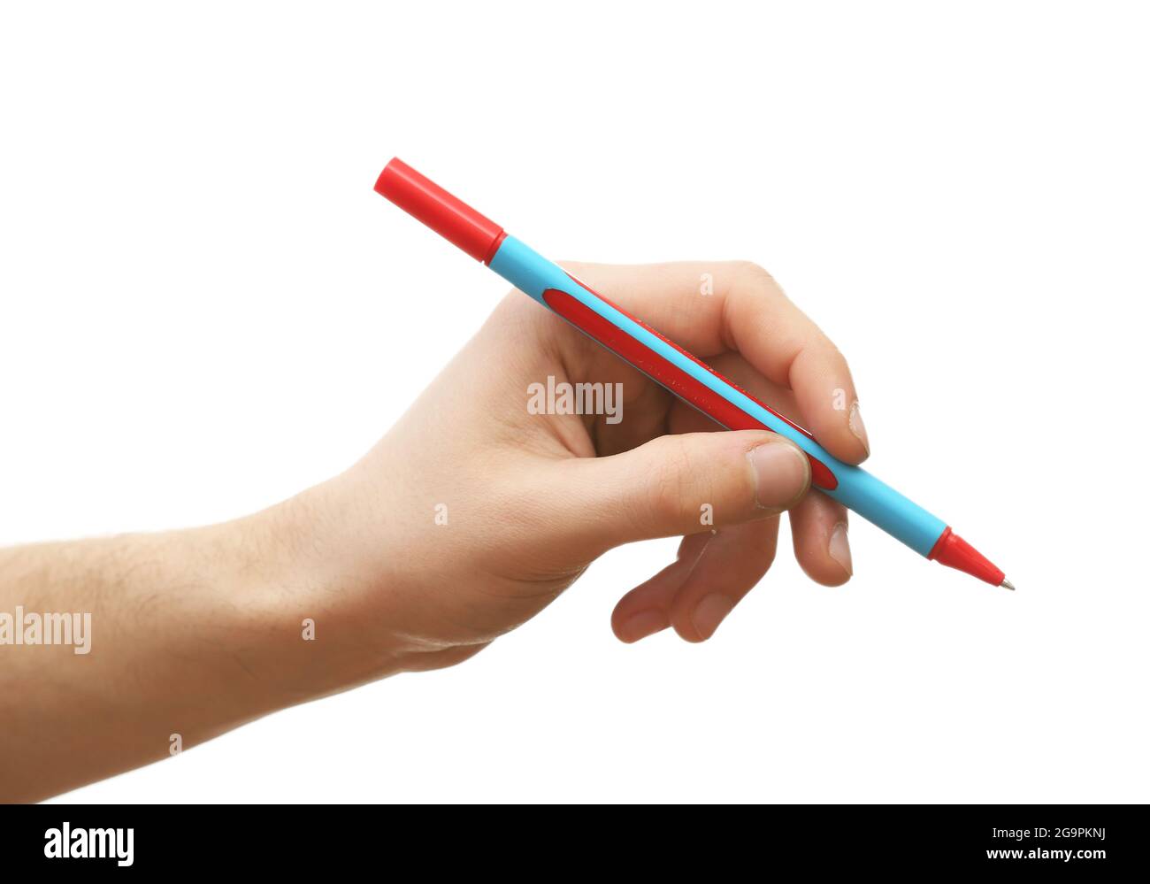 Male hand with pen isolated on white Stock Photo - Alamy