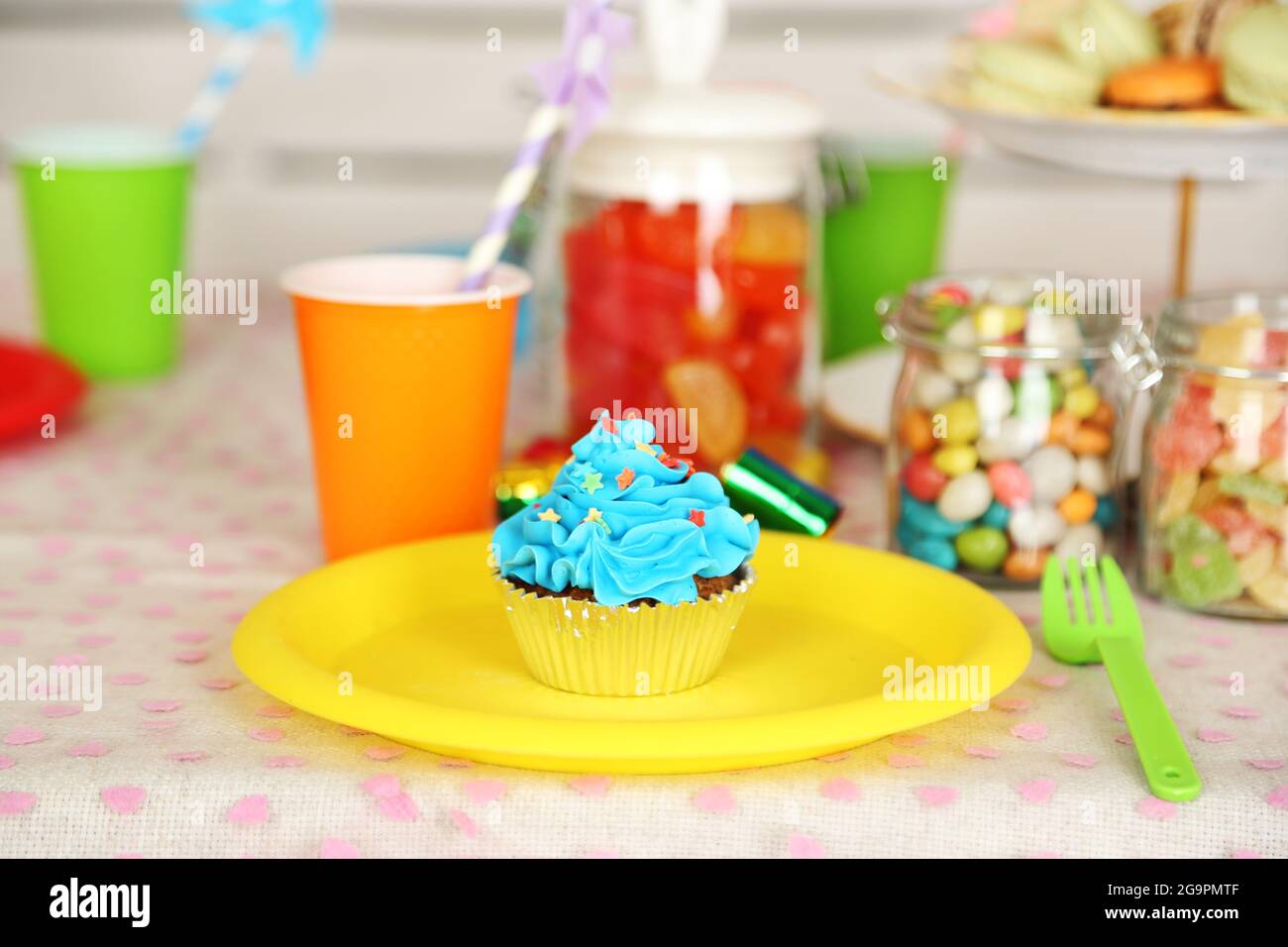 Prepared birthday table with sweets for children party Stock Photo - Alamy