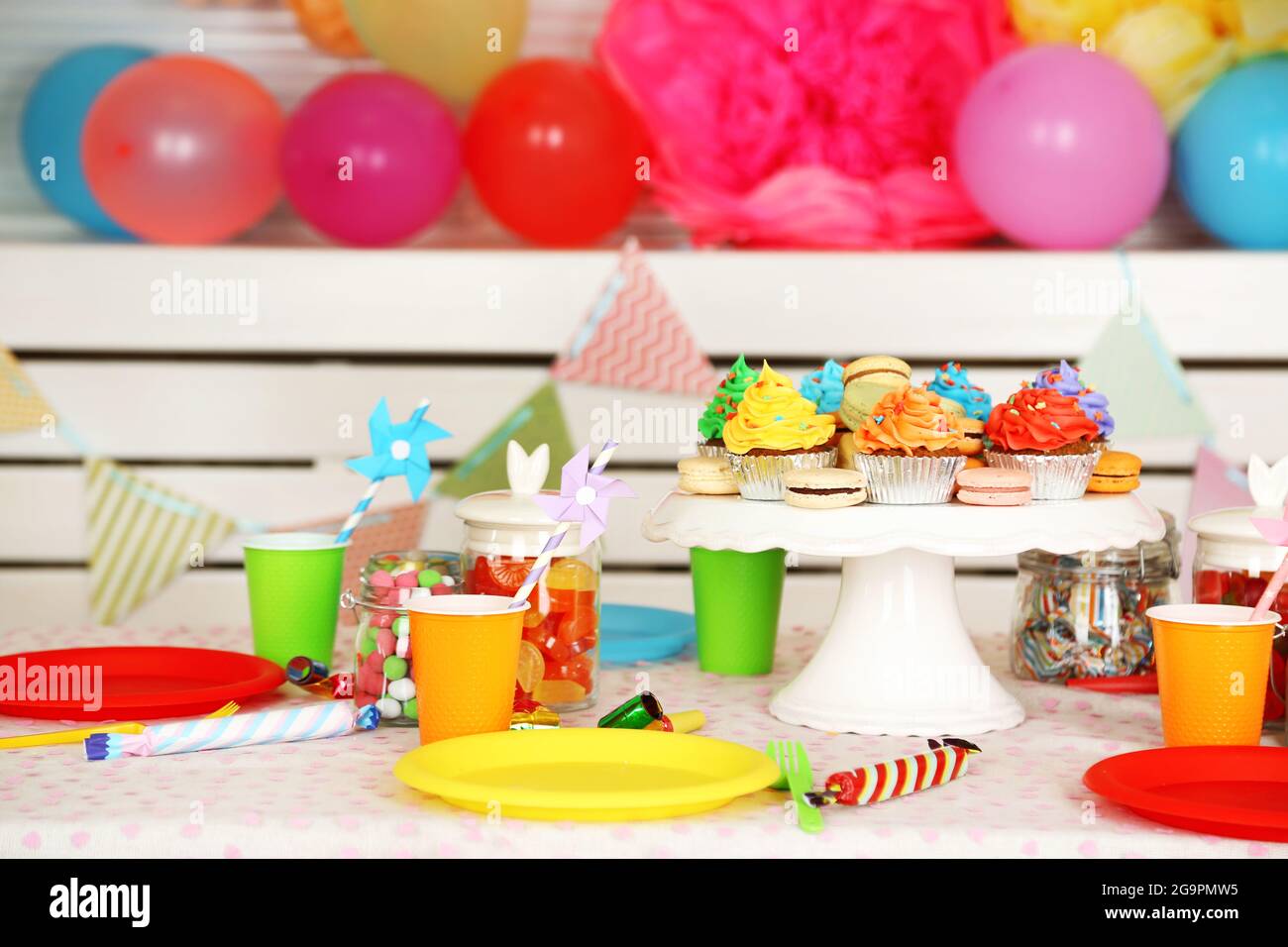 Prepared birthday table with sweets for children party Stock Photo - Alamy