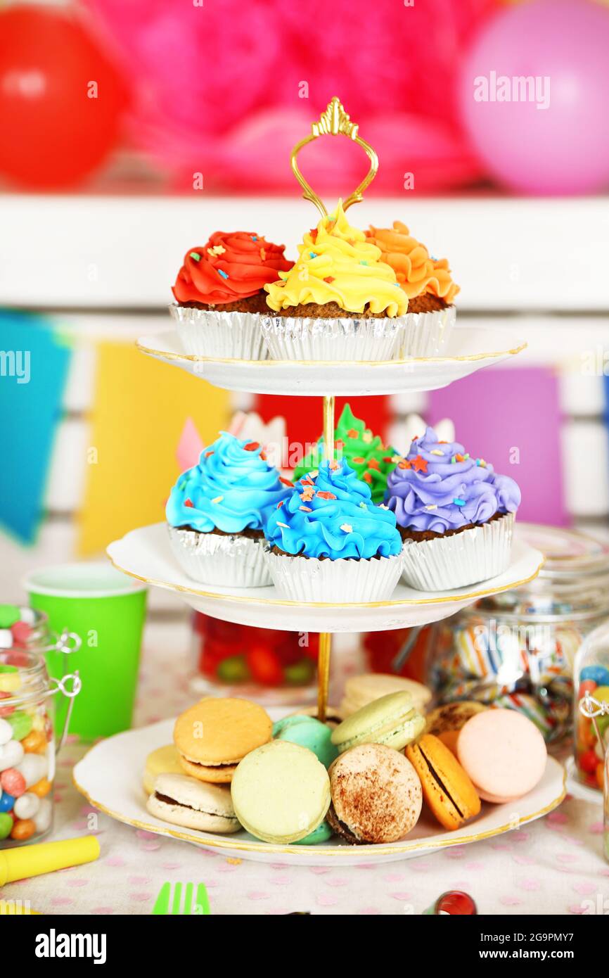 Prepared birthday table with sweets for children party Stock Photo - Alamy
