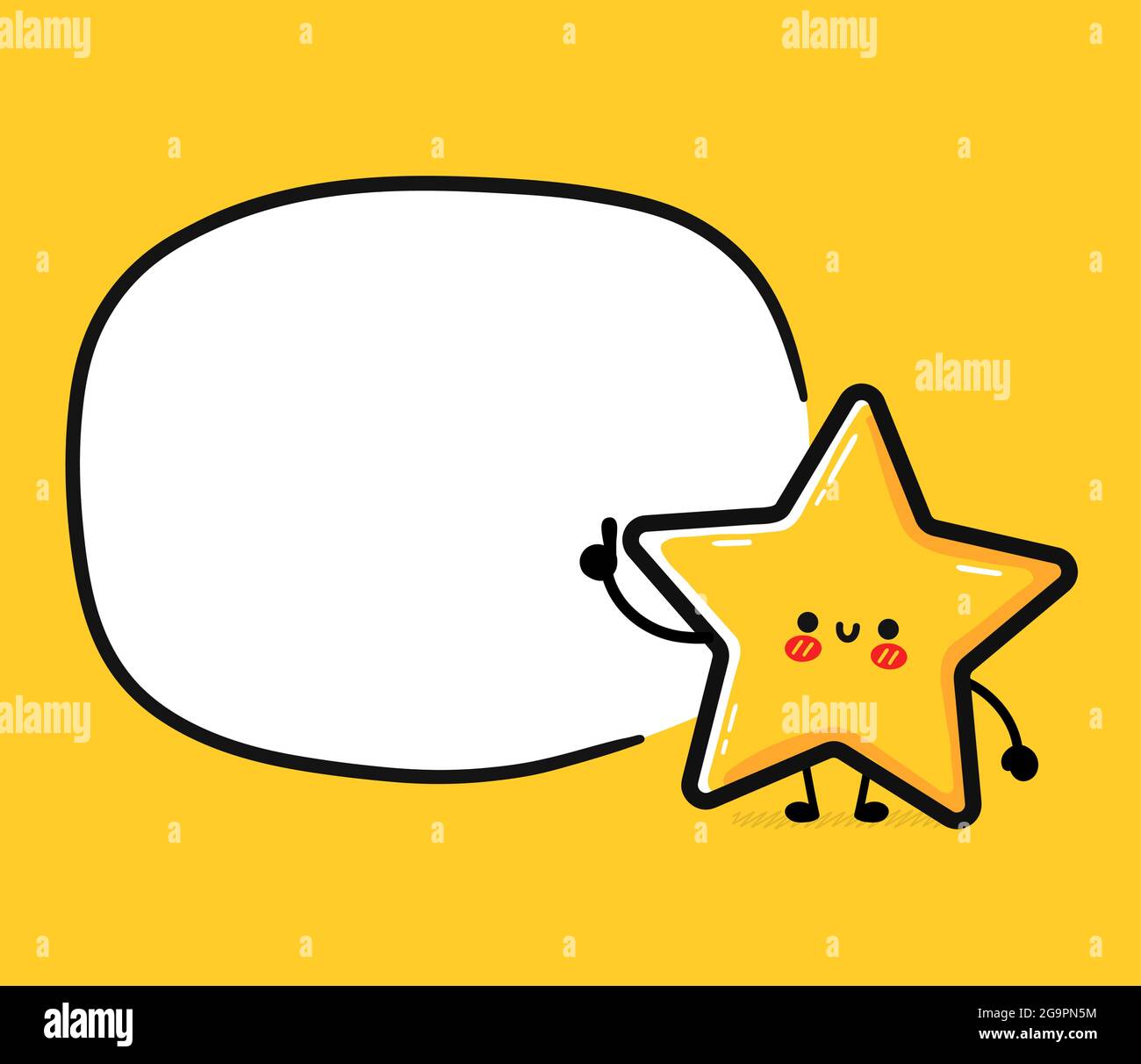 Cute funny happy star sign character with text box. Vector hand drawn ...