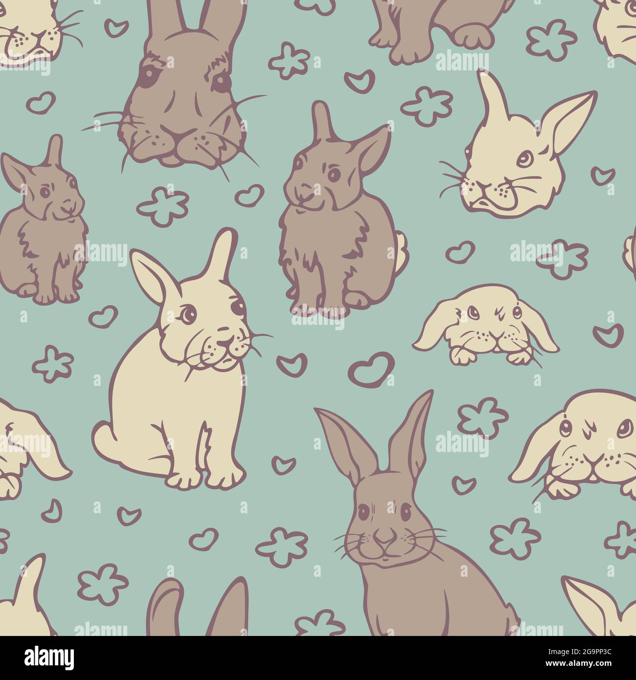 Vector seamless pattern with charming rabbits. Design with bunnies and ...
