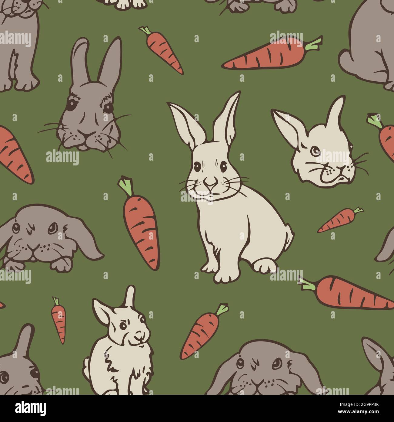 Vector seamless pattern with rabbits and carrots. Design with hares on ...