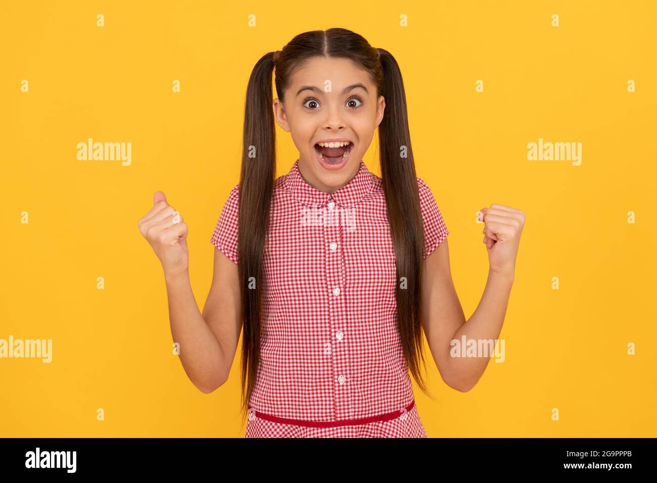 I can and I win. Happy girl scream making winning gesture. Excited ...