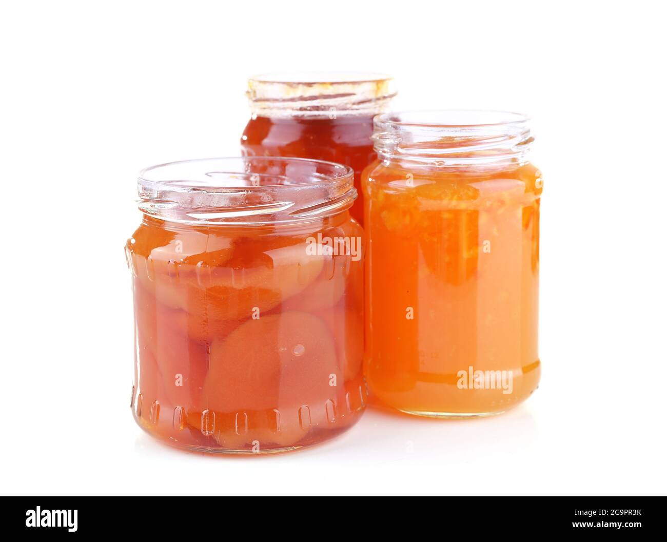 Homemade jars of fruits jam isolated on white background Stock Photo ...
