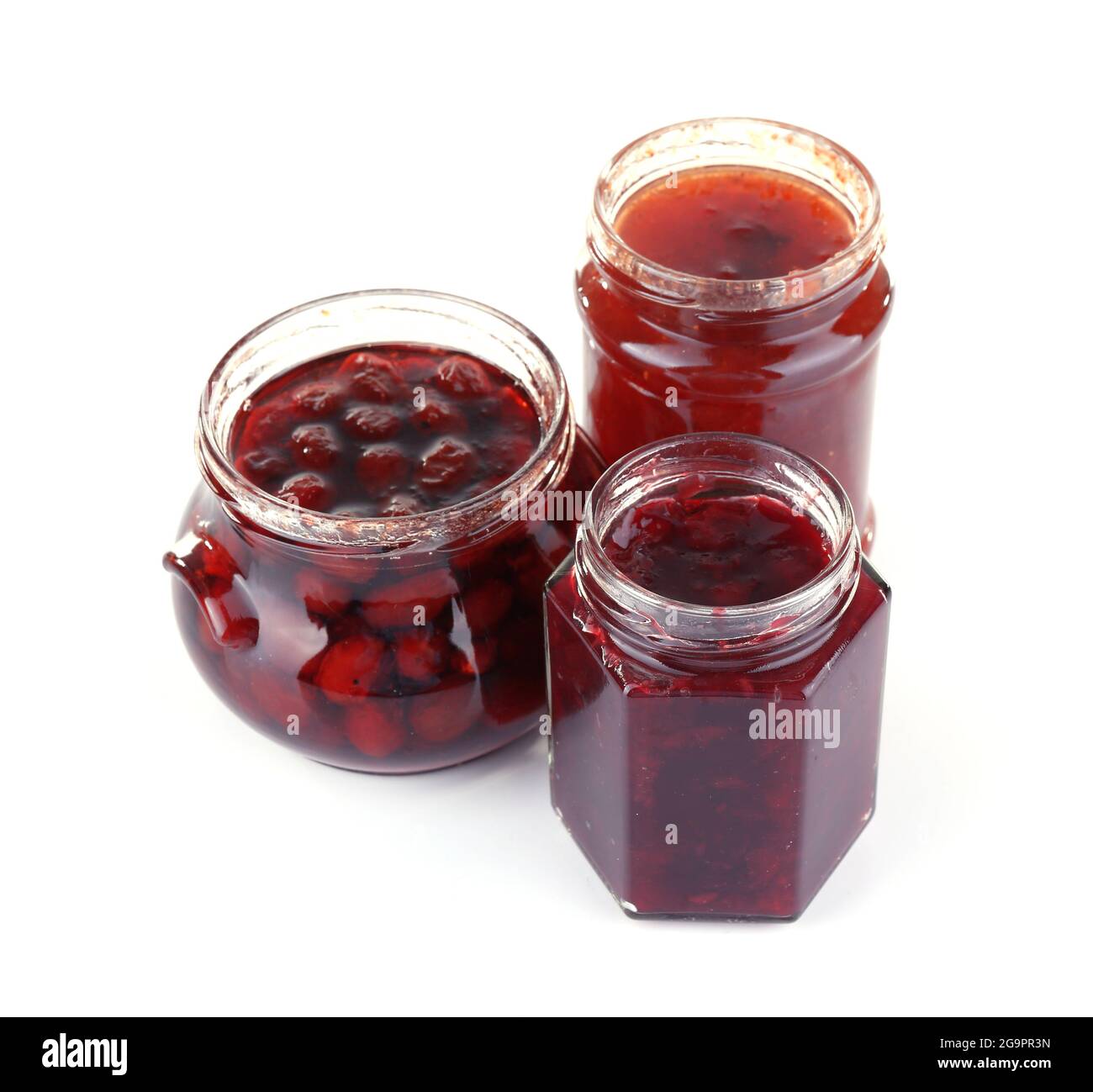 Homemade jars of fruits jam isolated on white background Stock Photo ...