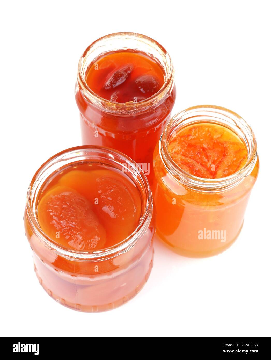 Homemade jars of fruits jam isolated on white background Stock Photo ...