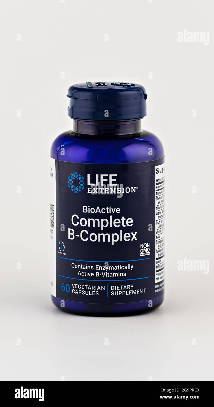 complete b-complex (b-vitamins) capsules in the jar. dietary supplement ...