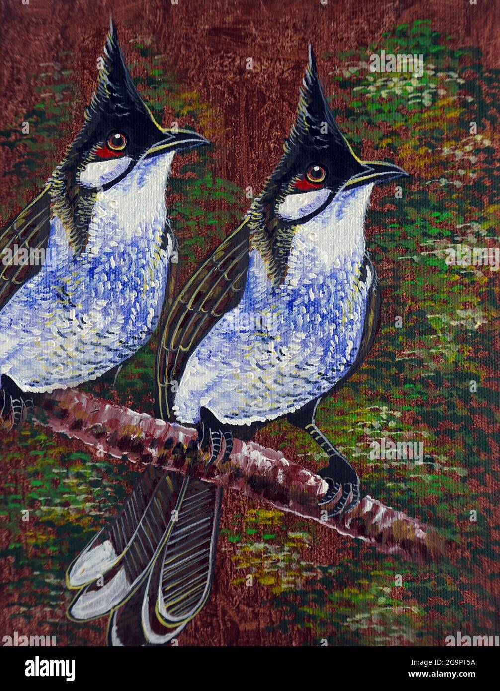 Art painting oil color Spigot bird , Red-whiskered bulbul Stock Photo ...