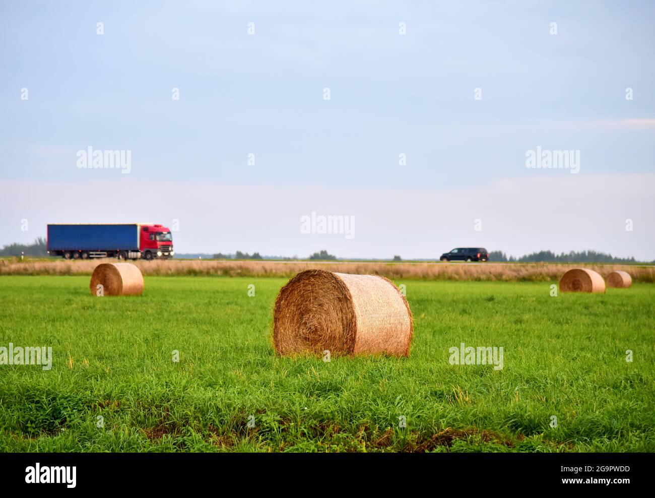 View of a field with hay in rolls against the background of trucks with ...