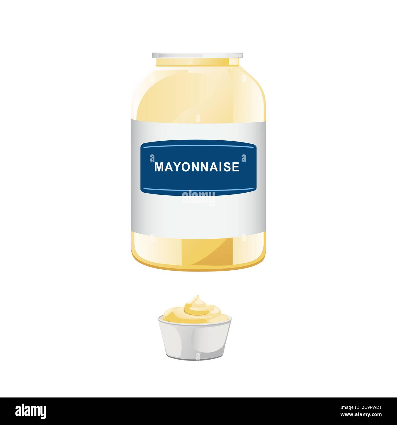 Mayonnaise in glass bottle with ceramic bowl. Jar with white sauce ...