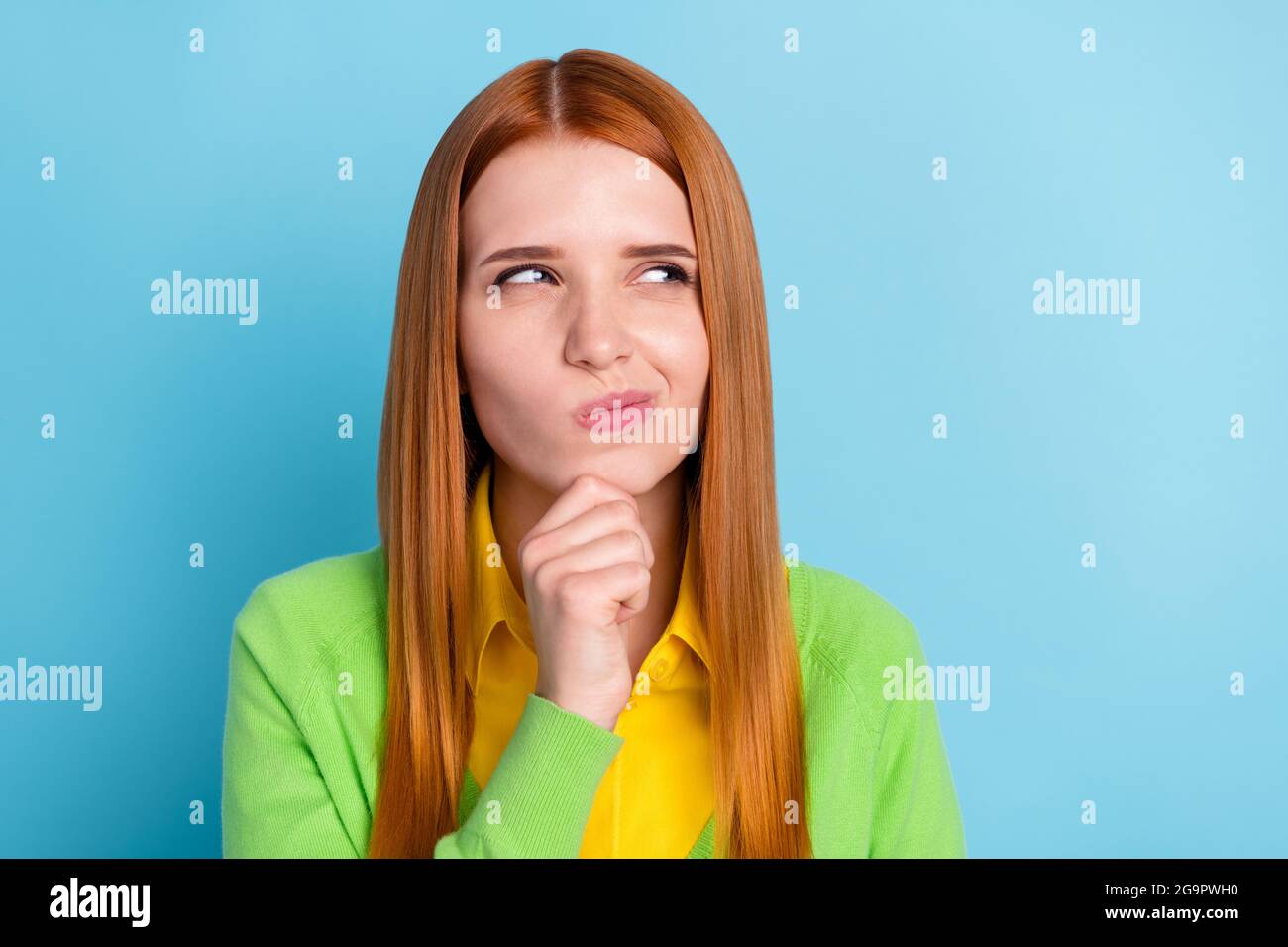 Photo of unsure young lady look empty space think wear yellow sweater ...