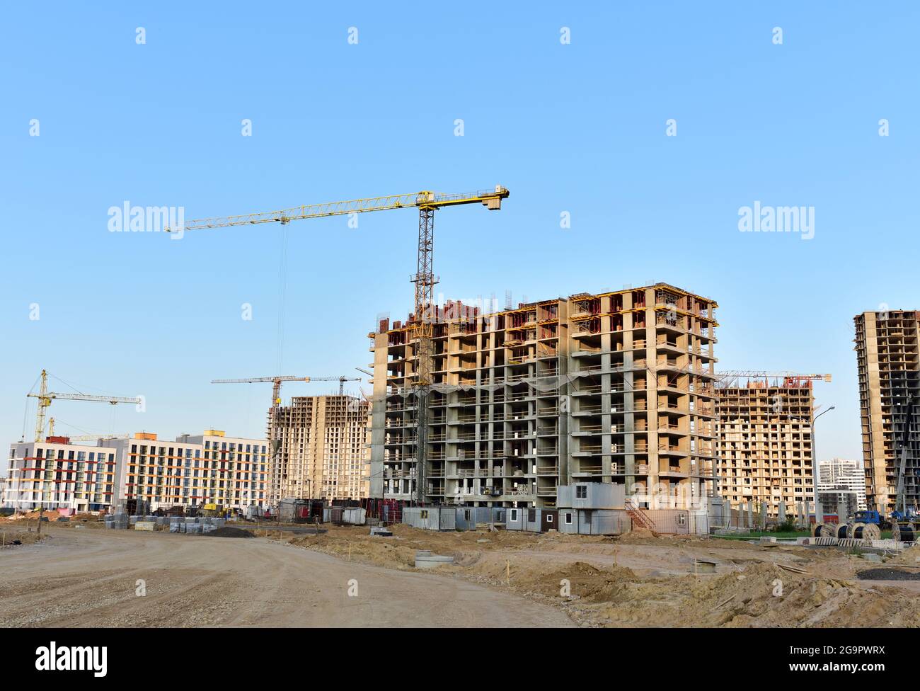 View of a large construction site with buildings under construction and ...