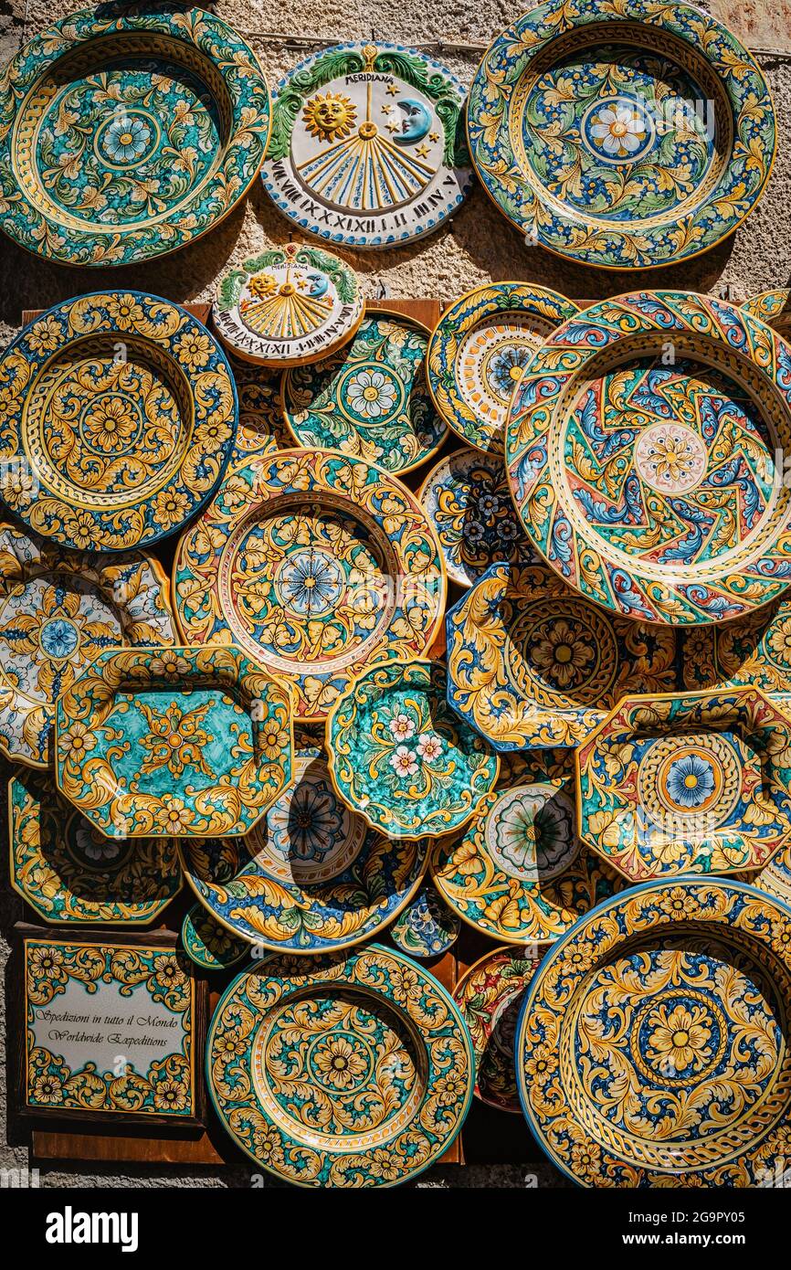 Erice, Sicily - June 8, 2021. Colorful hand-decorated ceramics ...