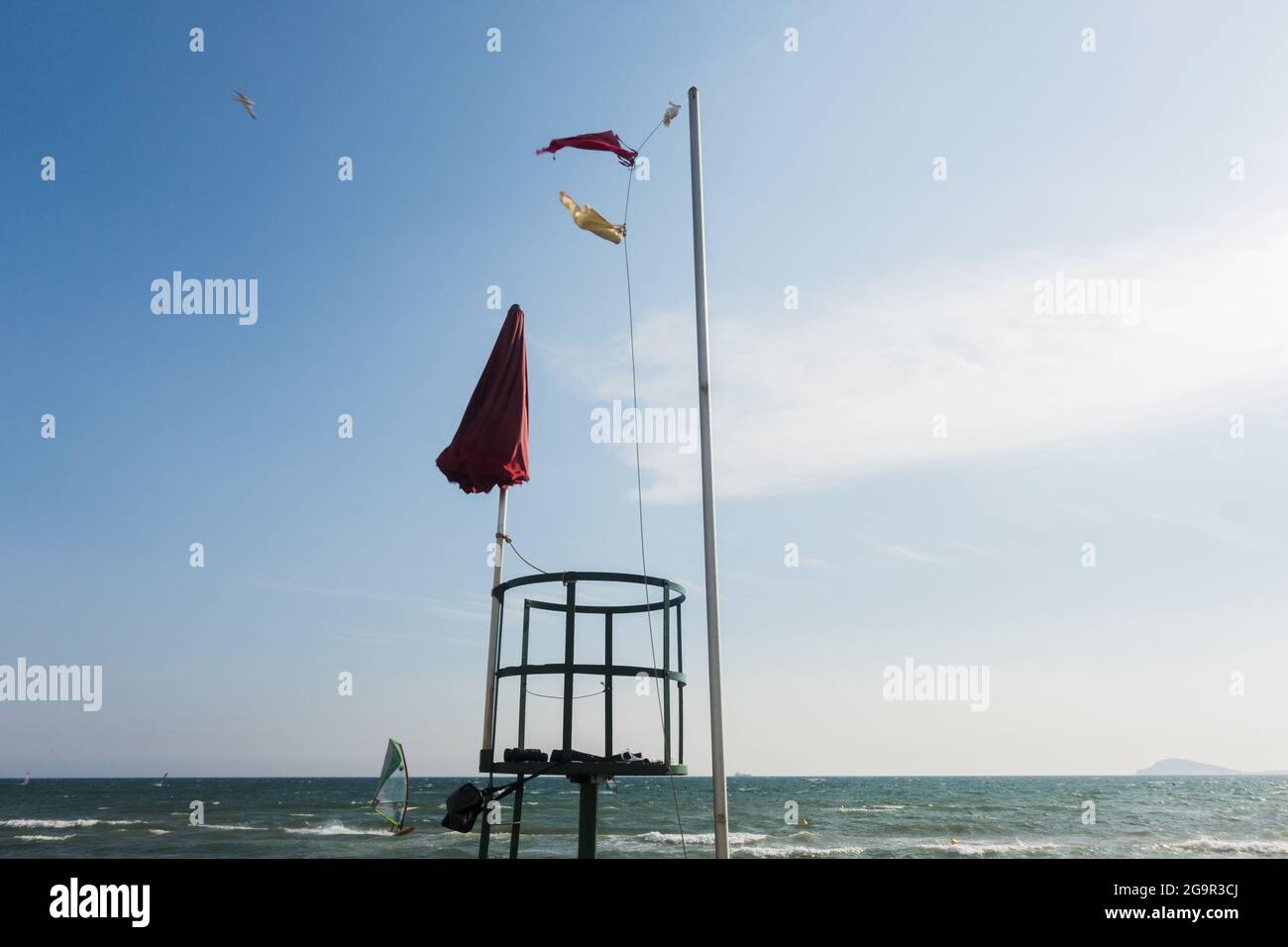 Closeup sot of a lifeguard post on a beach in a blue sky background ...