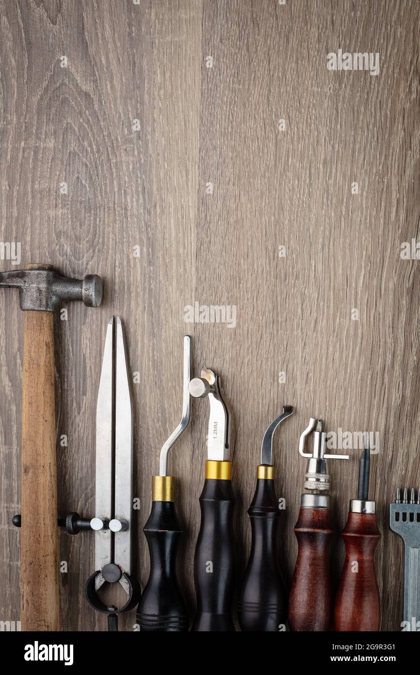 Concept of leather handcraft instruments. Top view Stock Photo - Alamy