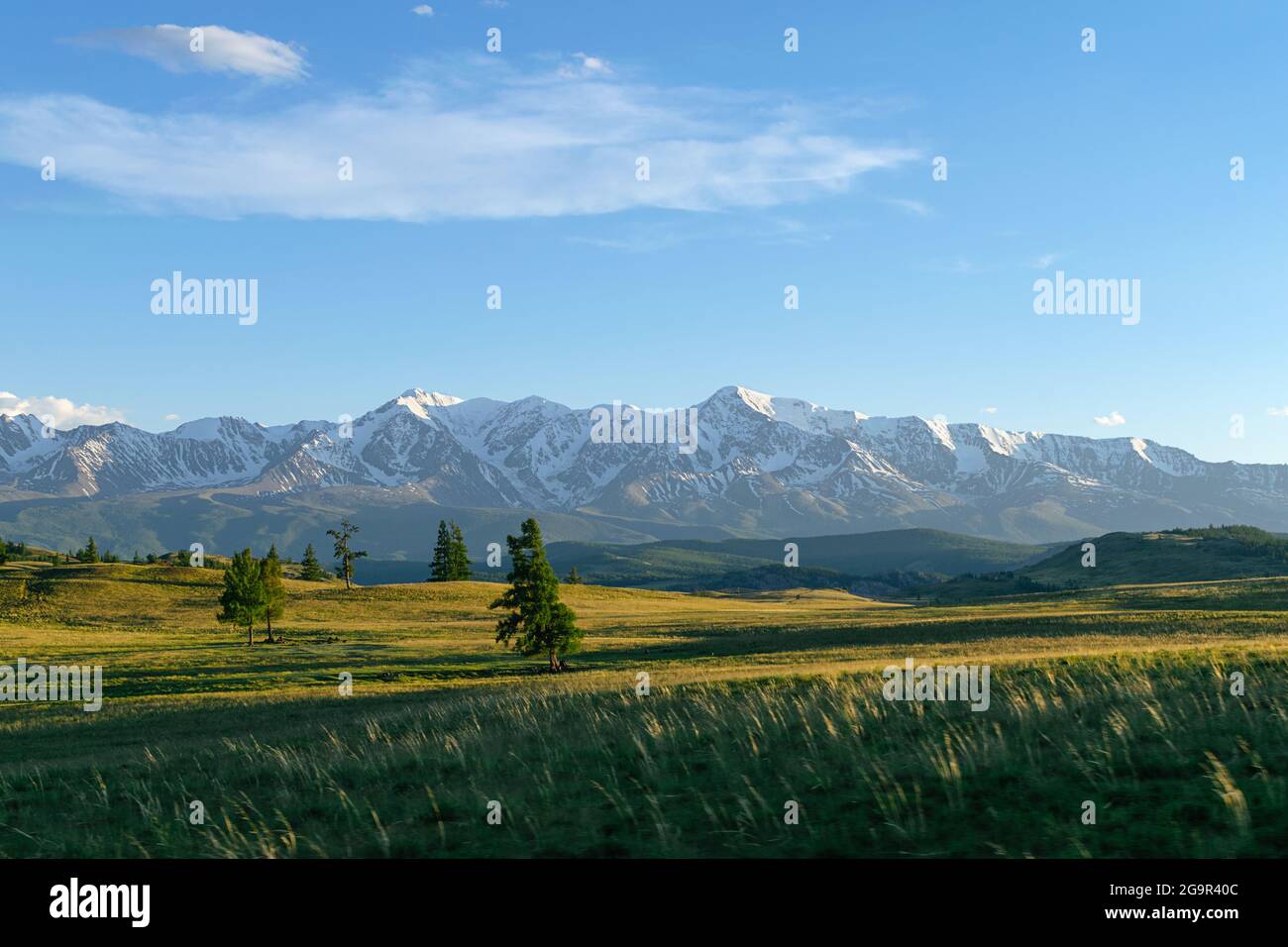 Landscape with Altai mountains range with snow-covered peaks in Kurai ...